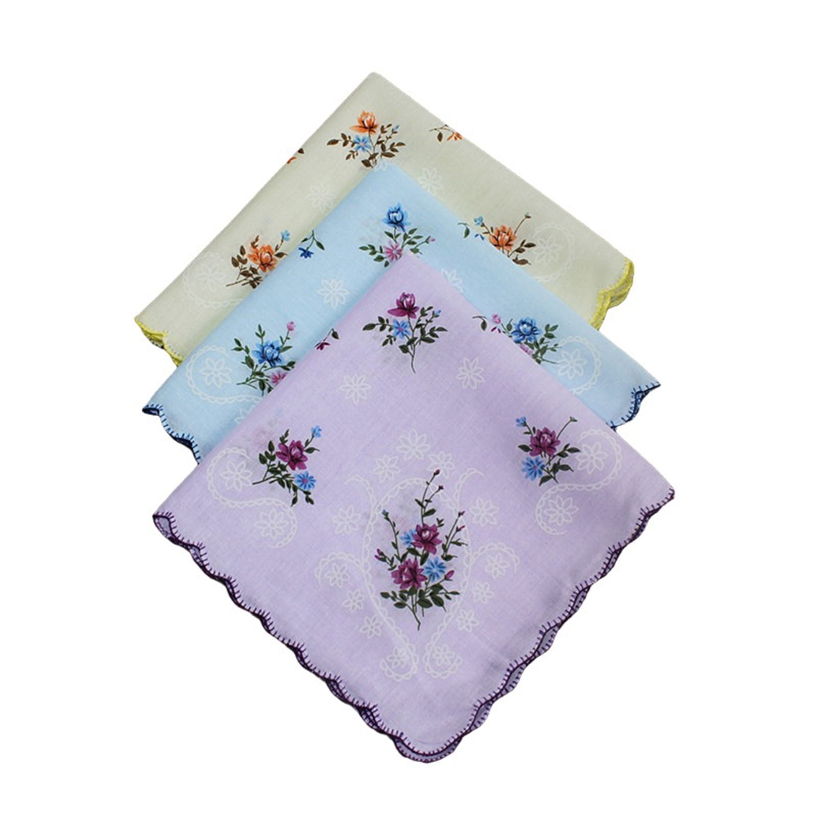 QUSENLON 3pieces Women Wavy Edge Cotton Handkerchiefs Flower ...