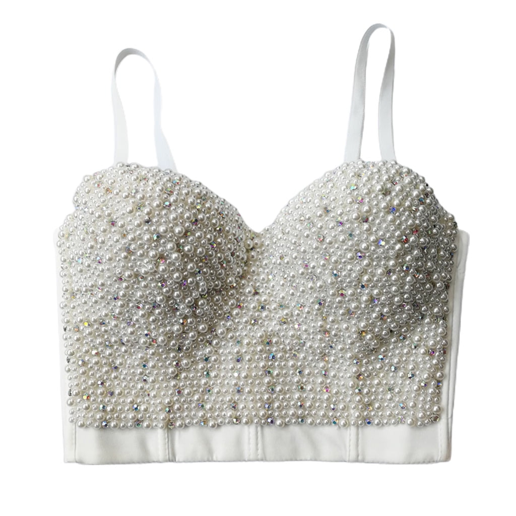 Qusenlon Women Sexy Pearls Beaded Bustier Bra Colored For Rhinestone
