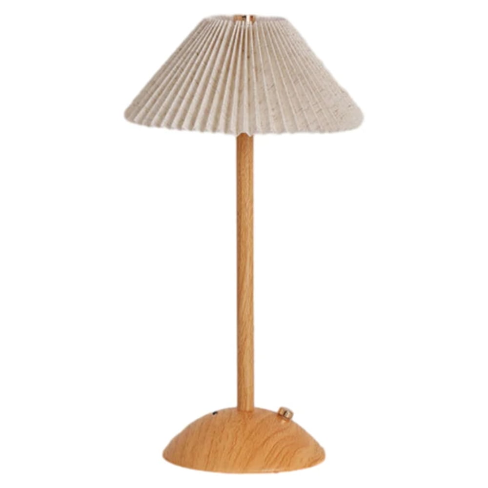 QUTETN Cordless Table Lamp Wood Base Desk Reading Lamp Fabric Shade ...