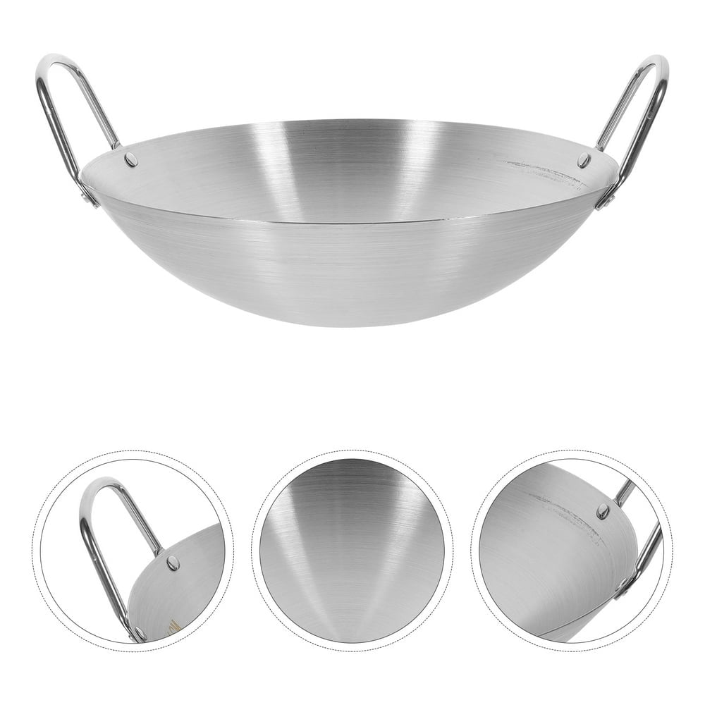 QUTETN Durable Cooking Wok Stainless Steel Wok Round Bottom Wok Large ...