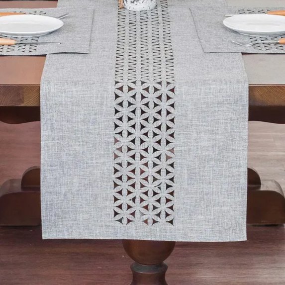QUTETN Gray Hollow Table Runner Rectangle Double Solid Fabric Farmhouse ...