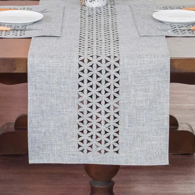 QUTETN Gray Hollow Table Runner Rectangle Double Solid Fabric Farmhouse ...