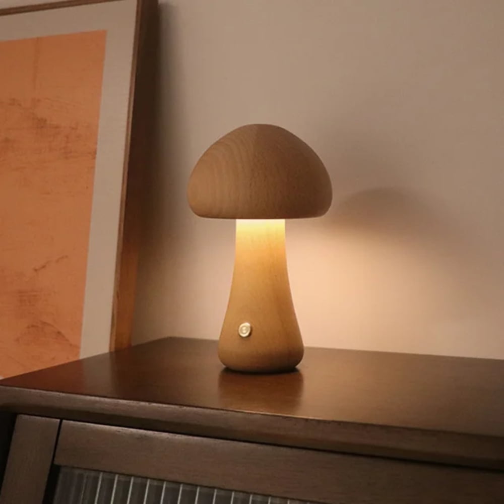 QUTETN INS LED Night Light With Touch Switch Wooden Cute Mushroom ...