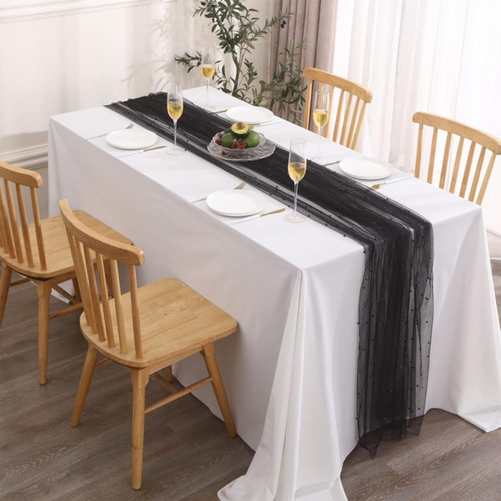 QUTETN Pearl Semi-Sheer Gauze Wedding Table Runner Table Setting Dining ...