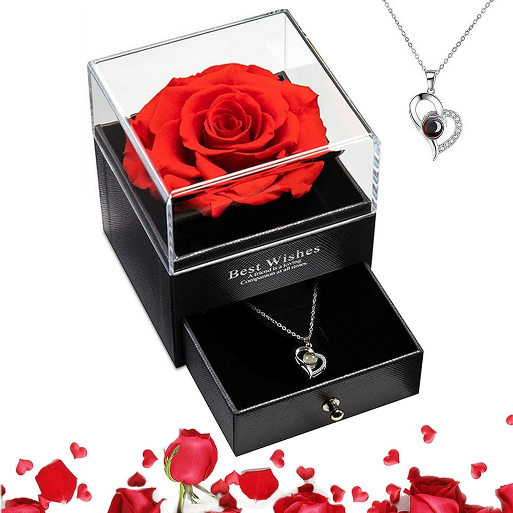 QUTETN Preserved Red Real Rose with I Love You Necklace in 100 ...