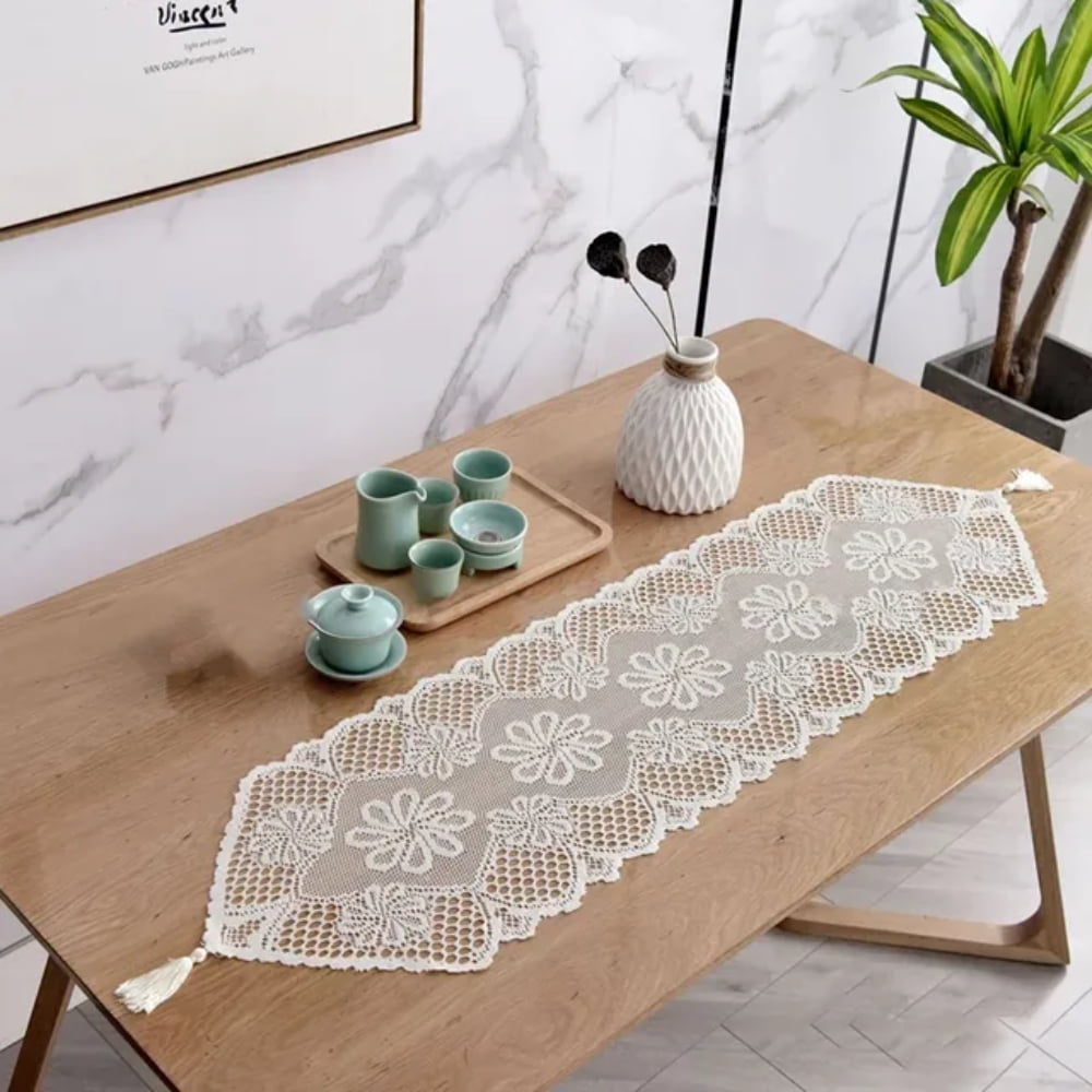 QUTETN Rectangular Lace Table Runner White Cotton Table Dresser for ...