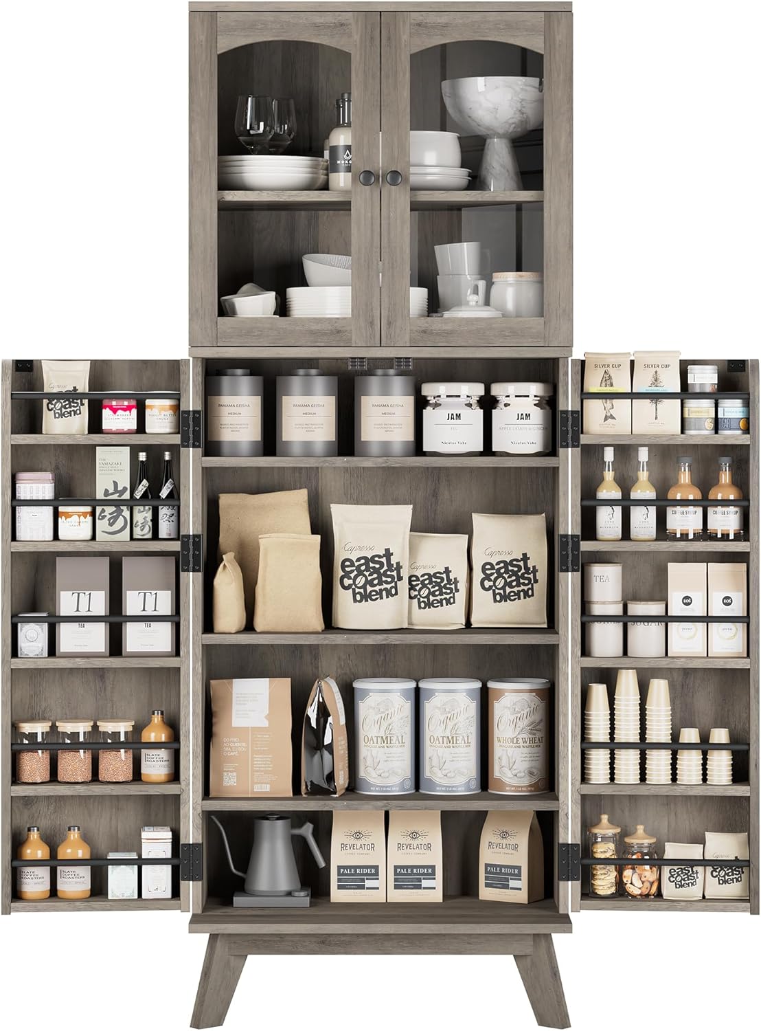 QUW 63.4" Kitchen Pantry Storage Cabinet, Tall Pantry with Glass Doors ...