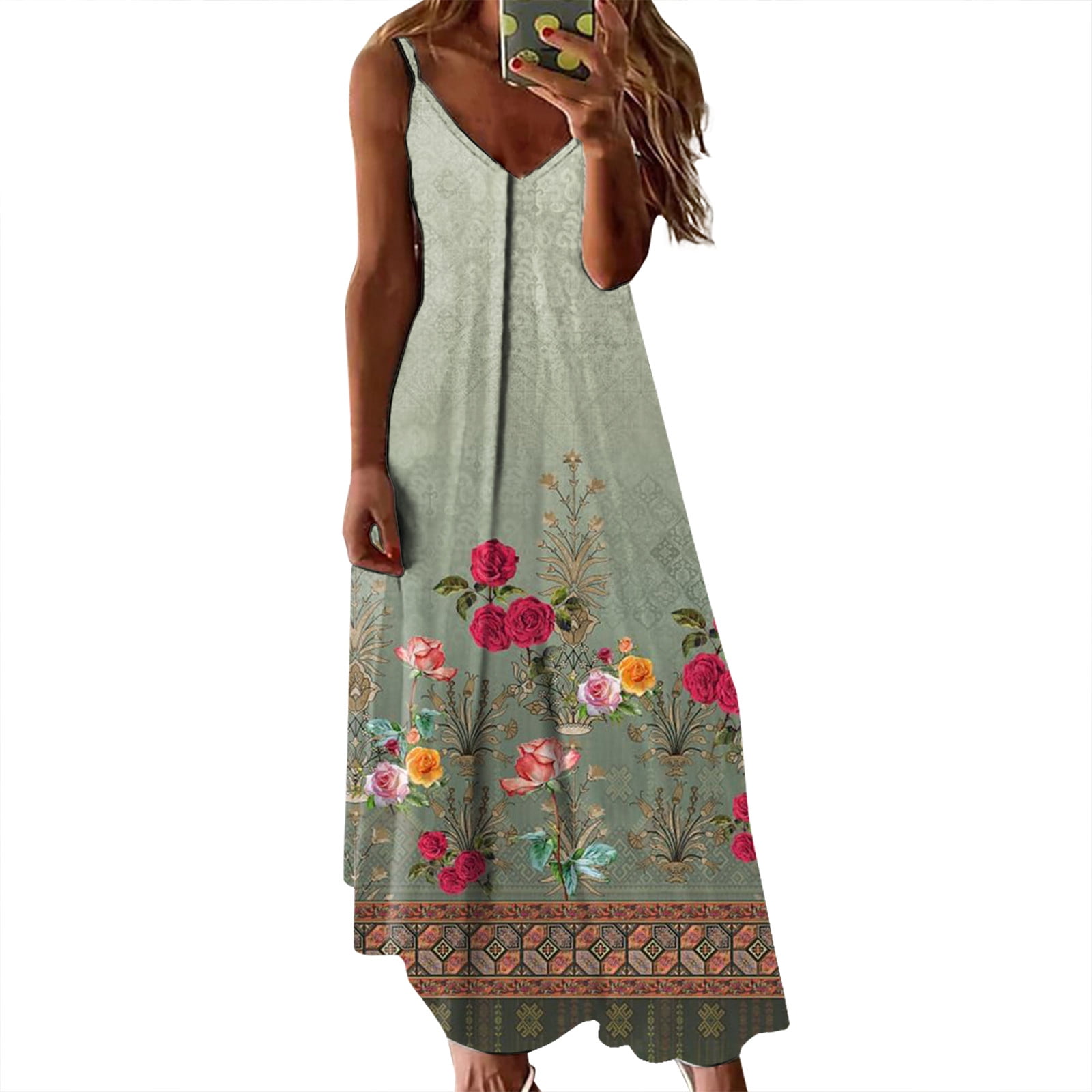 Quyuon Floral Maxi Dresses For Women Backless Spaghetti Strap V Neck