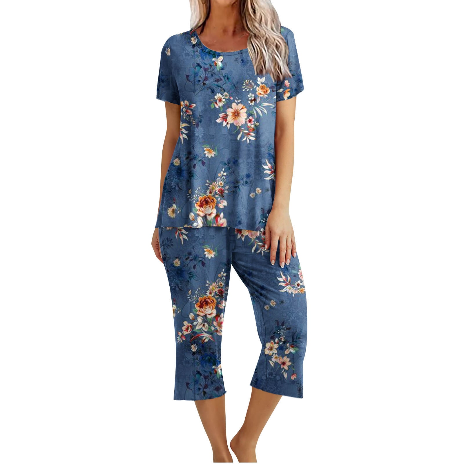 QUYUON Ladies Pajamas Sets Short Sleeve Crew Neck Pullover Tops ...
