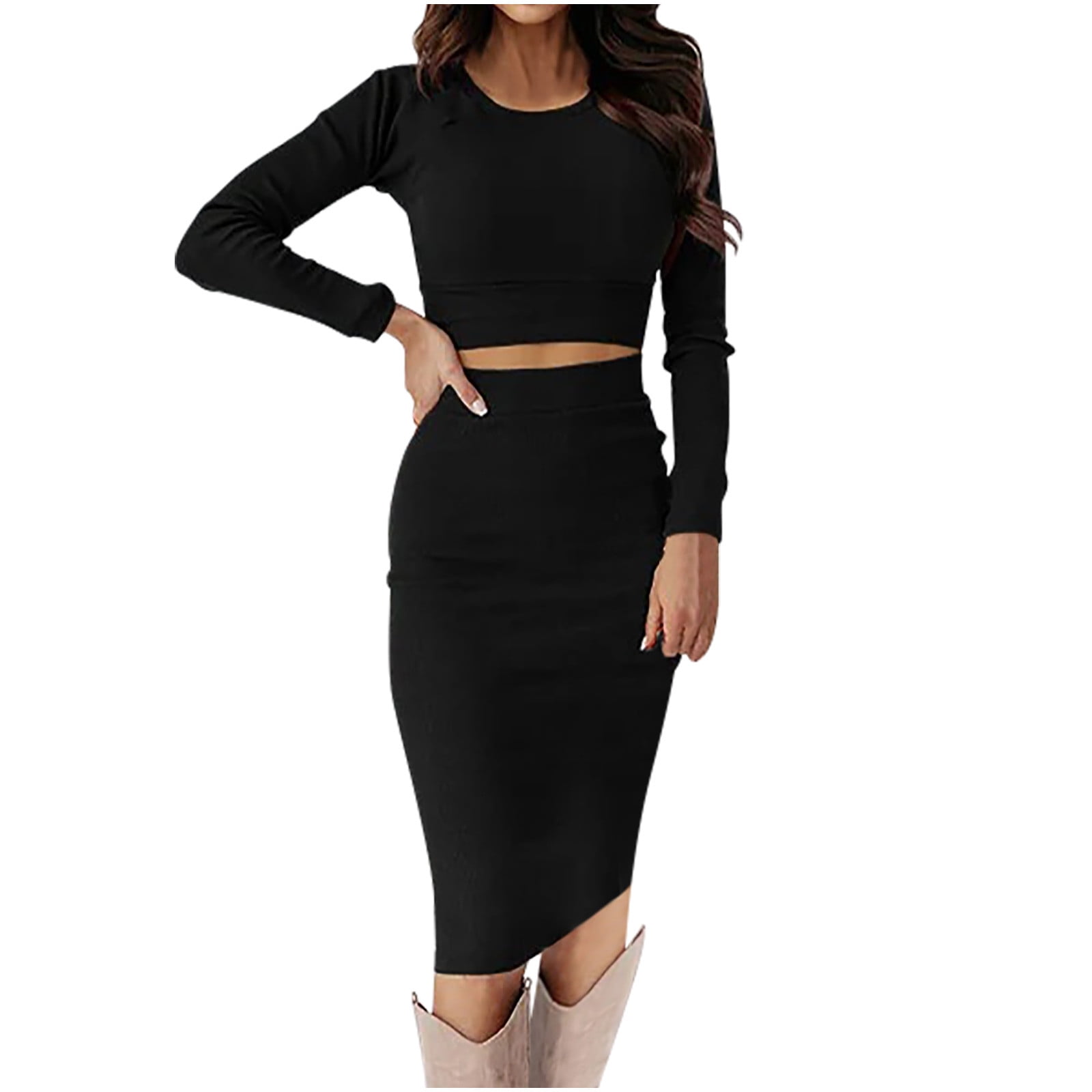 QUYUON Skirt Sets Women 2 Piece Outfits Clearance Long Sleeve Crew Neck ...