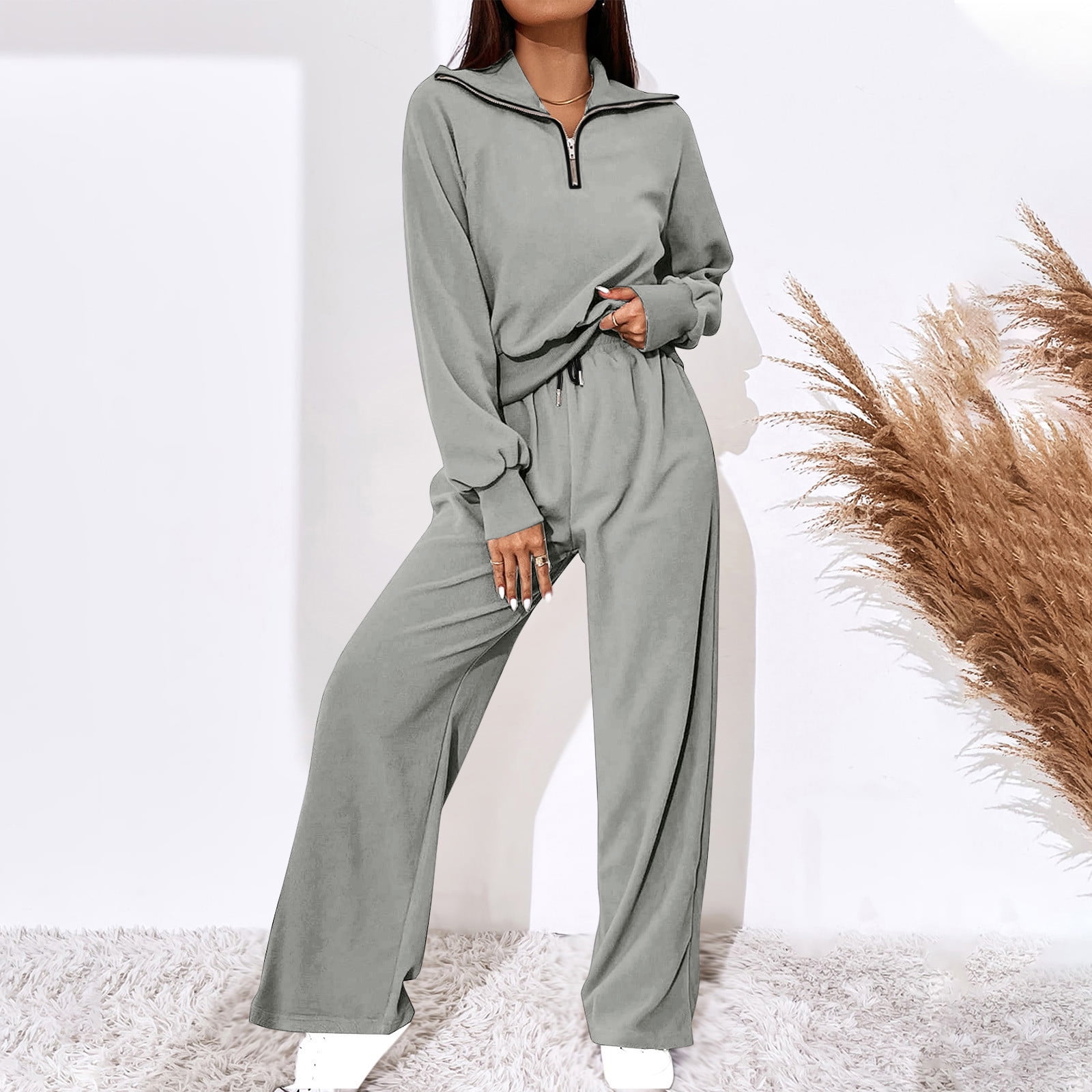 QUYUON Women 2 Piece Outfits Quarter Zip Up Sweatshirt and QUYUON Women 2 Piece Outfits Quarter Zip Up Sweatshirt and