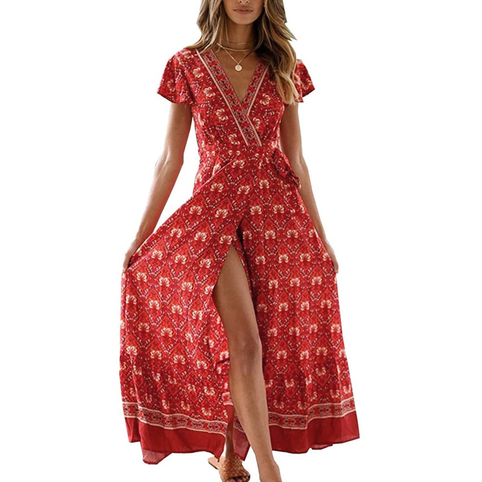QUYUON Women Boho Summer Dresses Wrap V Neck Short Sleeve Maxi Dress ...