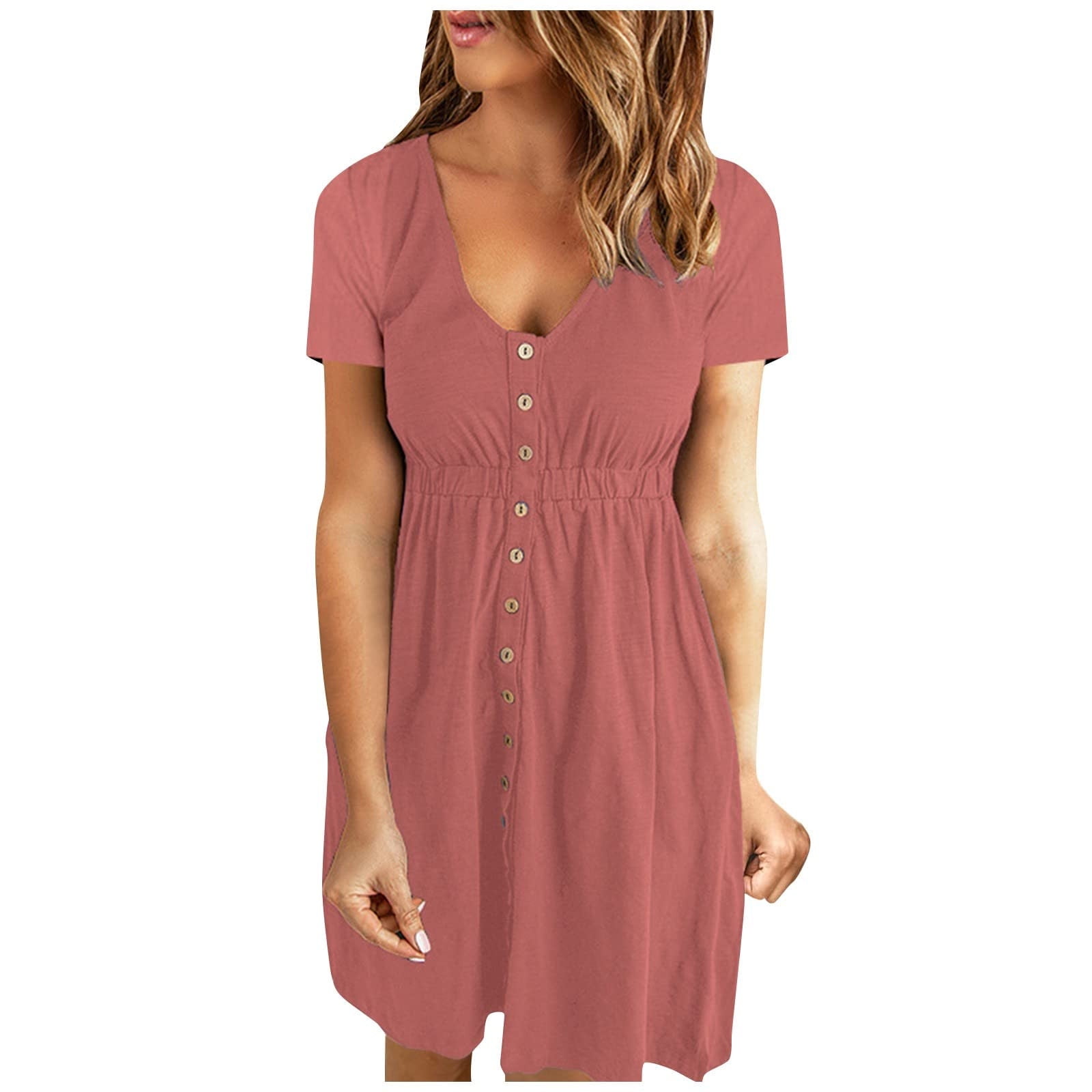 QUYUON Women Shirt Dress Summer Scoop Neck Short Sleeve Button Front ...