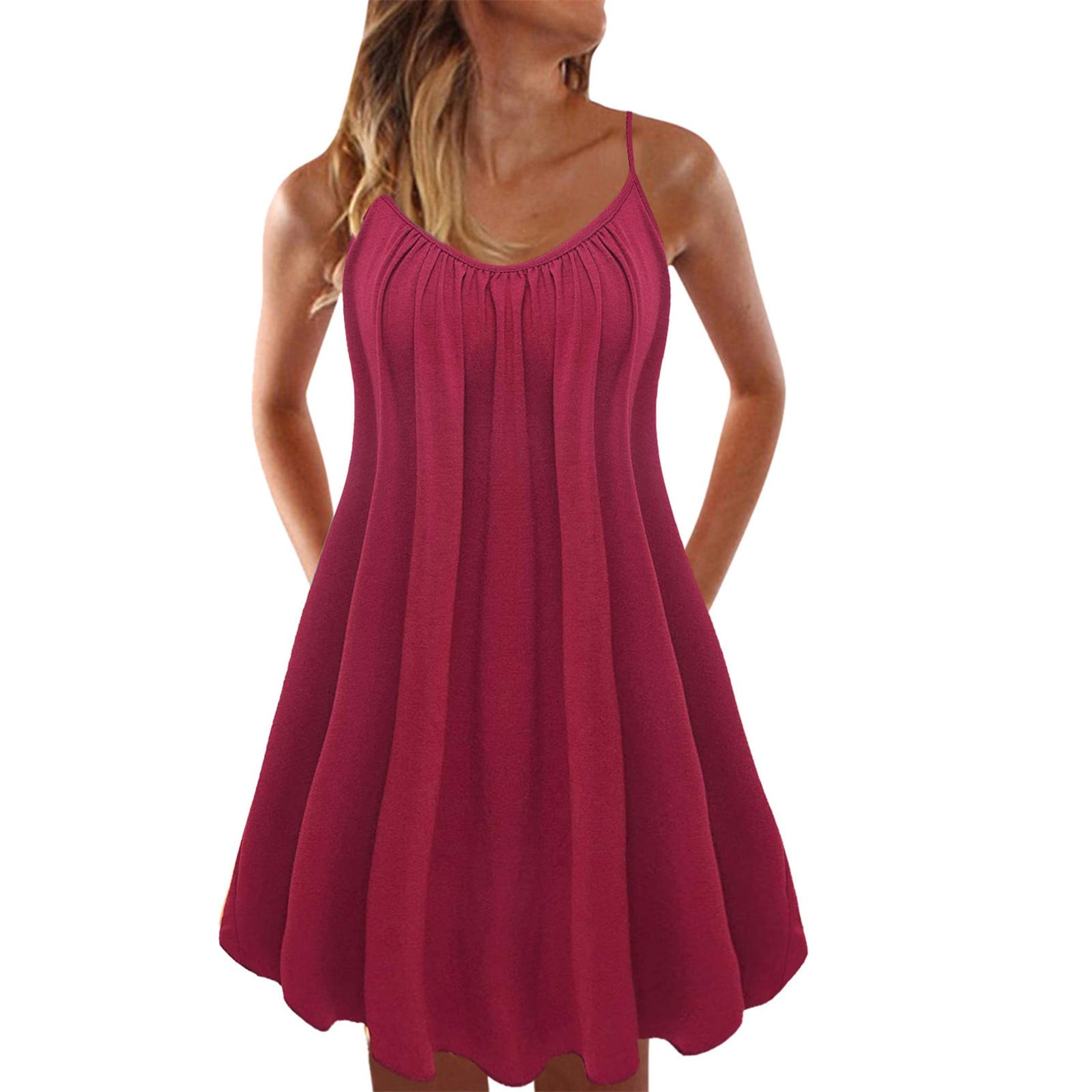 QUYUON Women Spaghetti Strap Mini Dresses Summer Scoop Neck Sleeveless ...