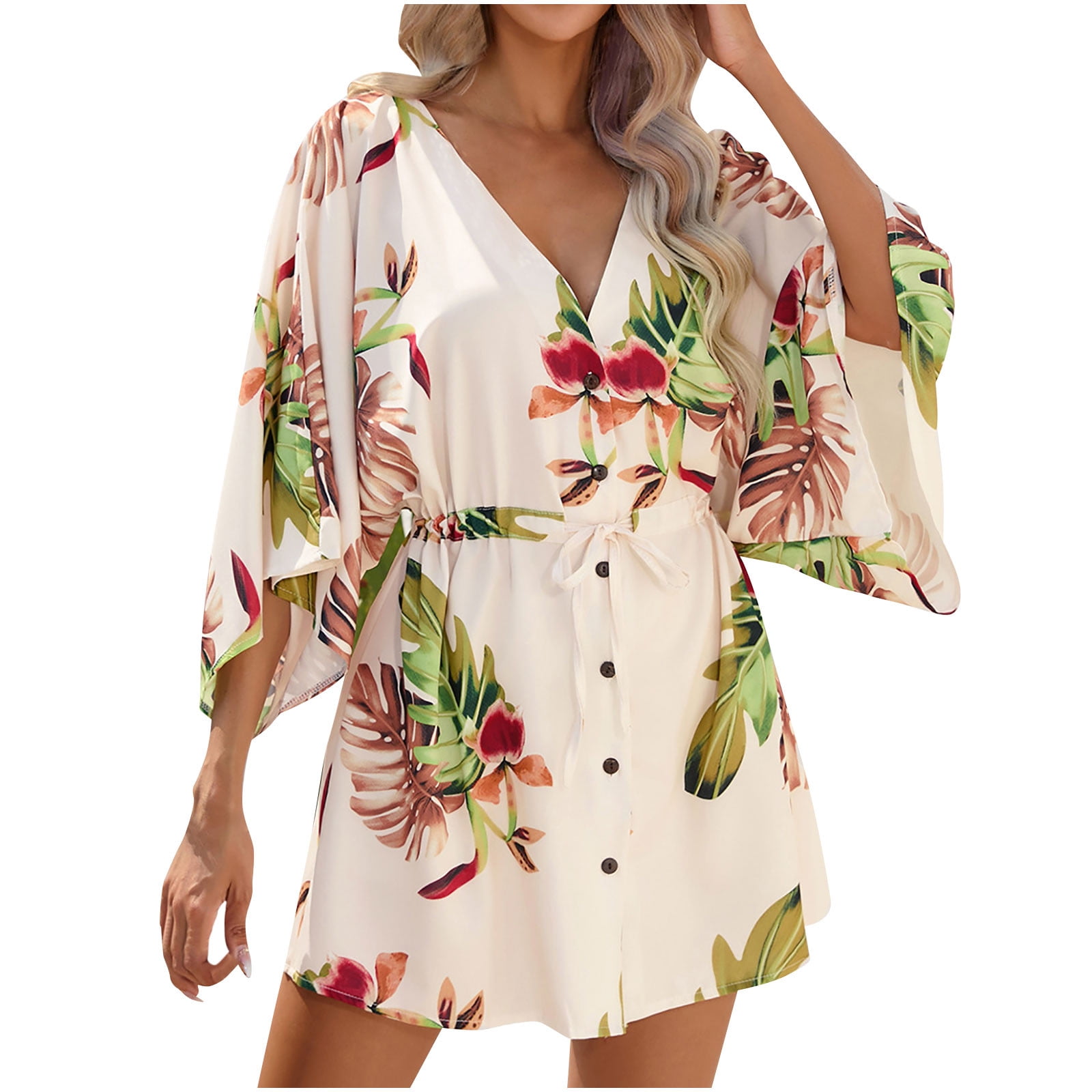 QUYUON Women V Neck Mini Dress Summer Bell Sleeve Button-Down Short ...