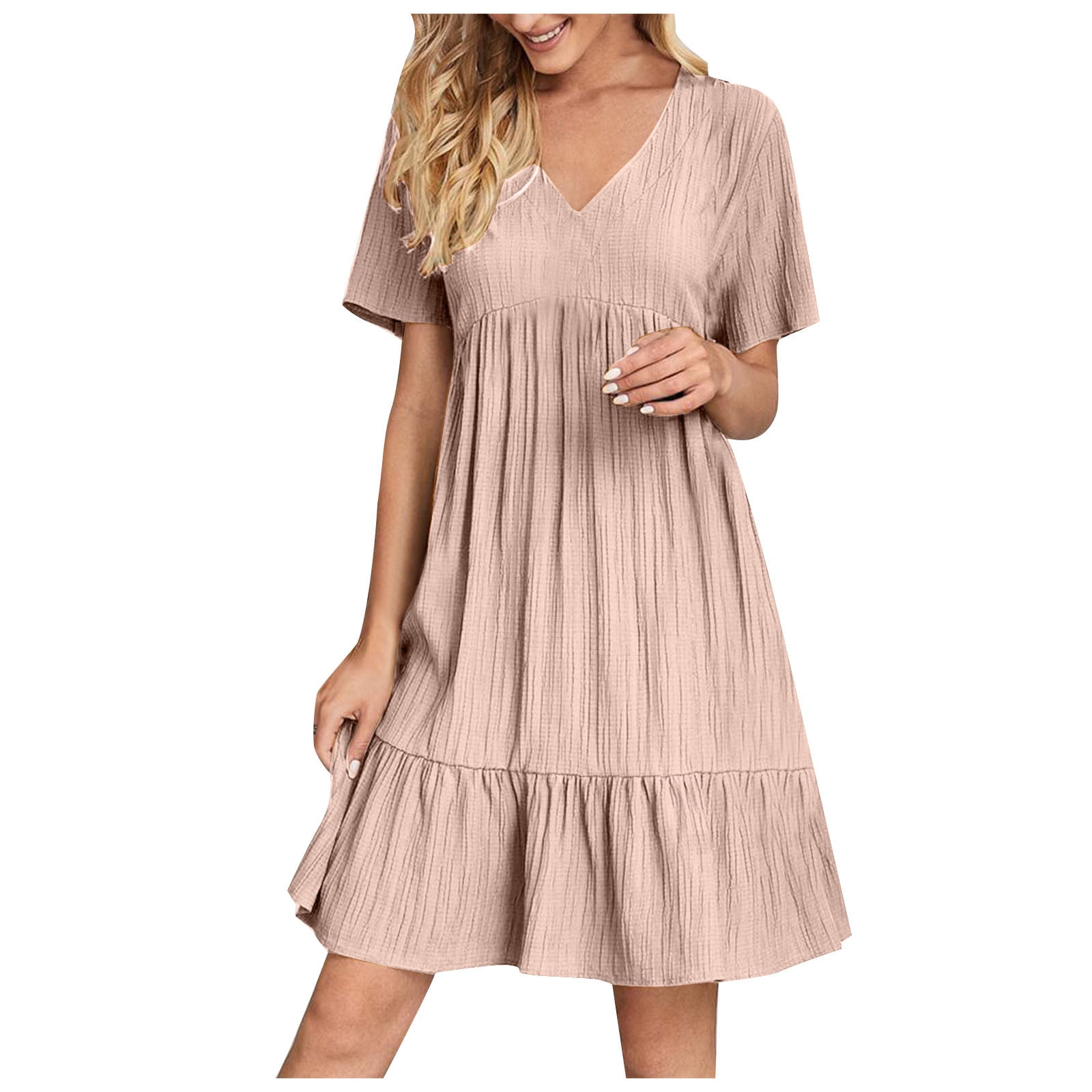 QUYUON Women's Ruffle Dress Casual V-Neck Short Sleeve Summer Dresses Ruffle Hem Flowy Boho Mini ...