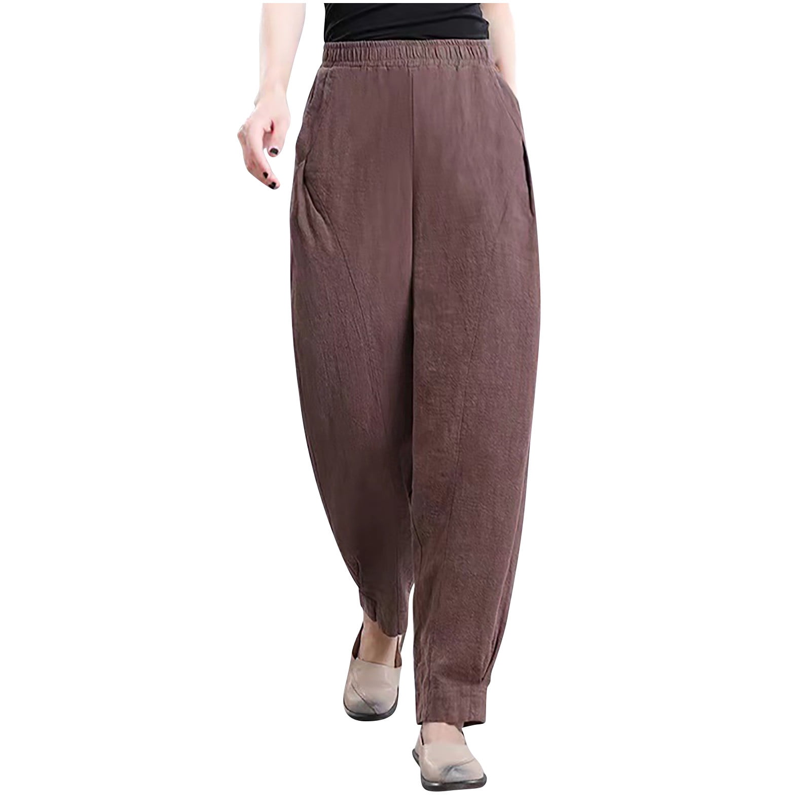 QUYUON Womens Pajama Pants Summer Printed Cropped Pants Plus Size Cotton Linen Pants Elastic ...