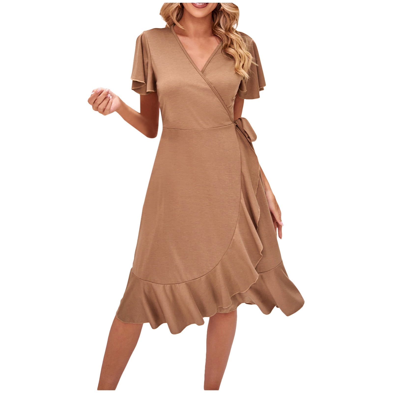 QUYUON Womens Summer Wrap Midi Dress Formal Wedding Guest Dresses V ...