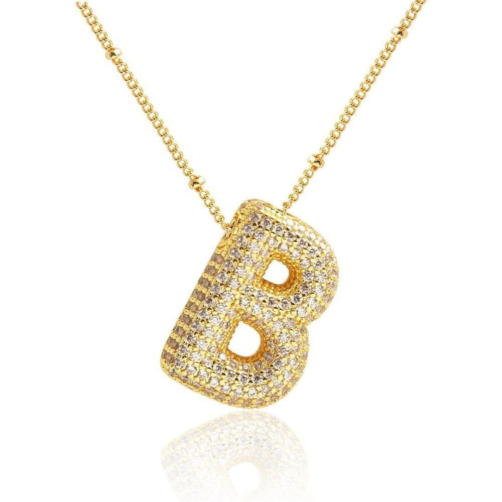 QVVWOPQ A-Z Bubble Letter Necklace Gold Rhinestone Letter Pendant Chain ...