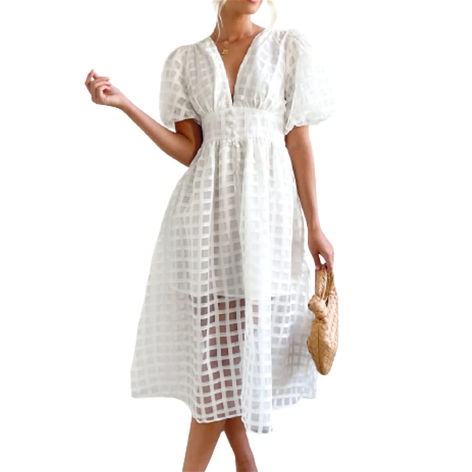 QWANG White Square Patterned Fabric Puff Sleeve Dress,Women's Puff ...