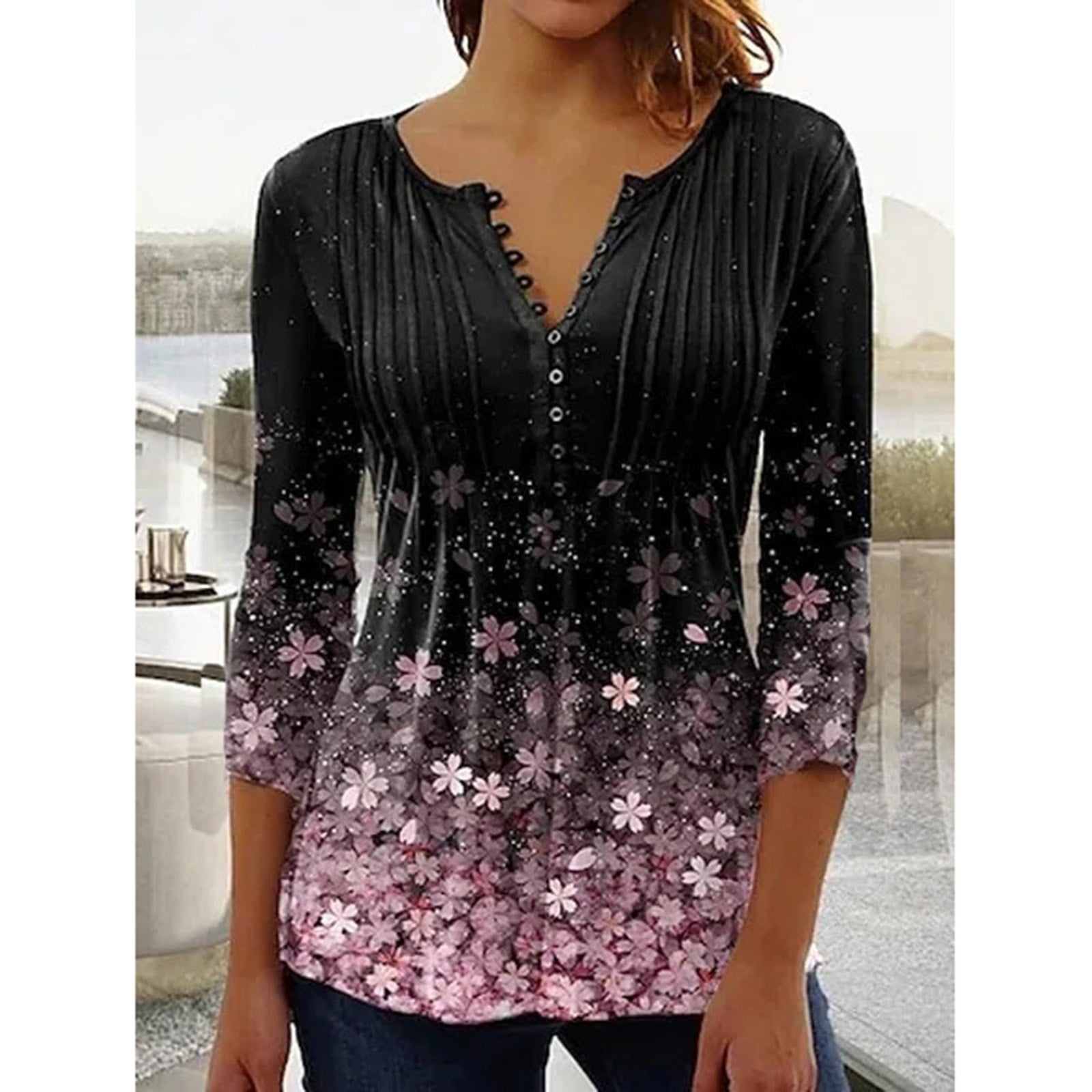 QWERTYU Ladies Button Up Blouse Plus Size 3/4 Sleeve Sexy Summer Tops ...