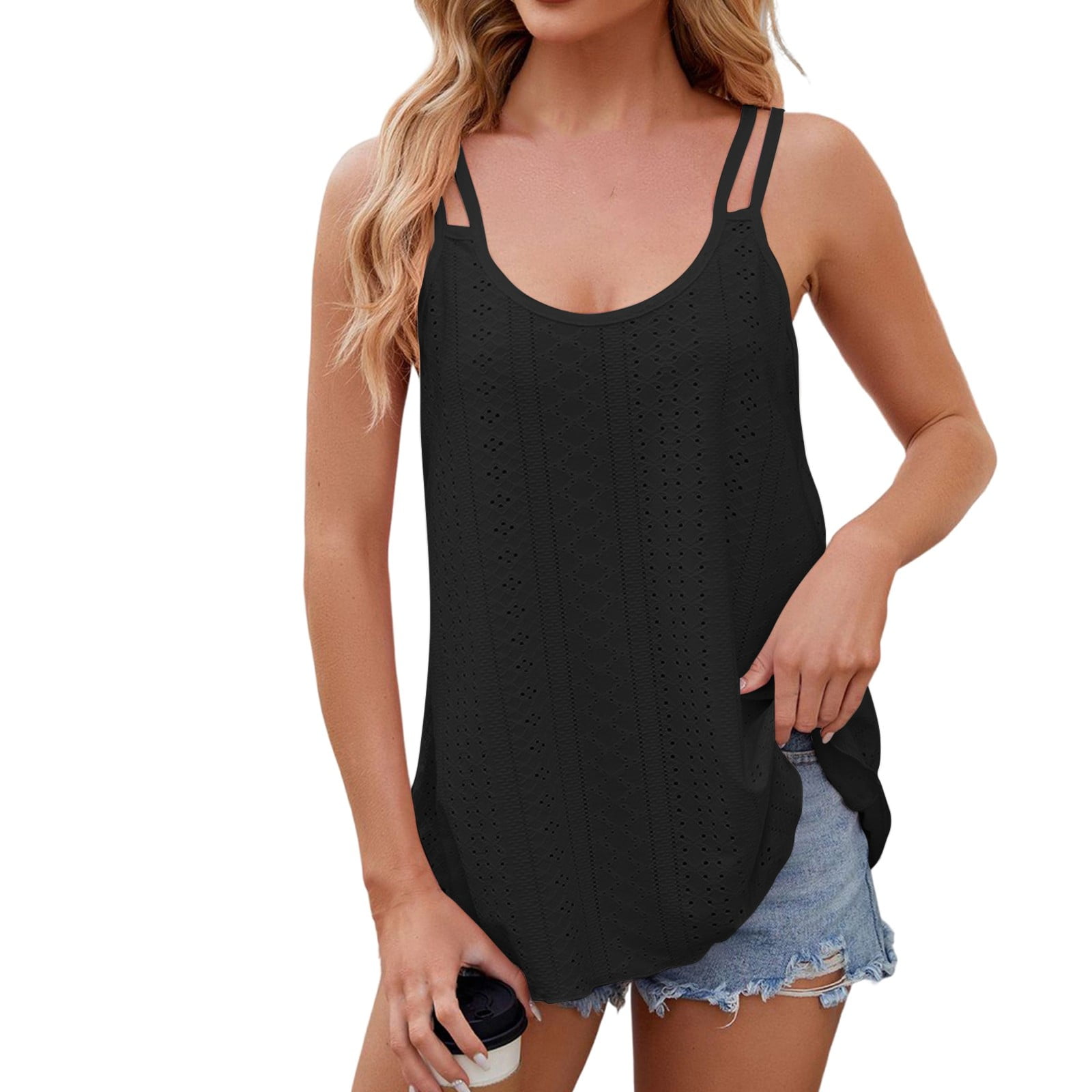 Qwertyu Women's Summer Eyelet Tank Tops Loose Trendy Scoop Neck ...