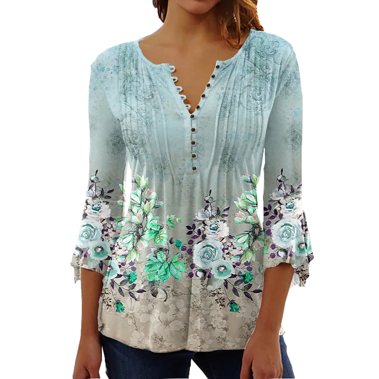 QWERTYU Womens Blouse Button Down Front 3/4 Sleeve Cute Tops Clearance ...