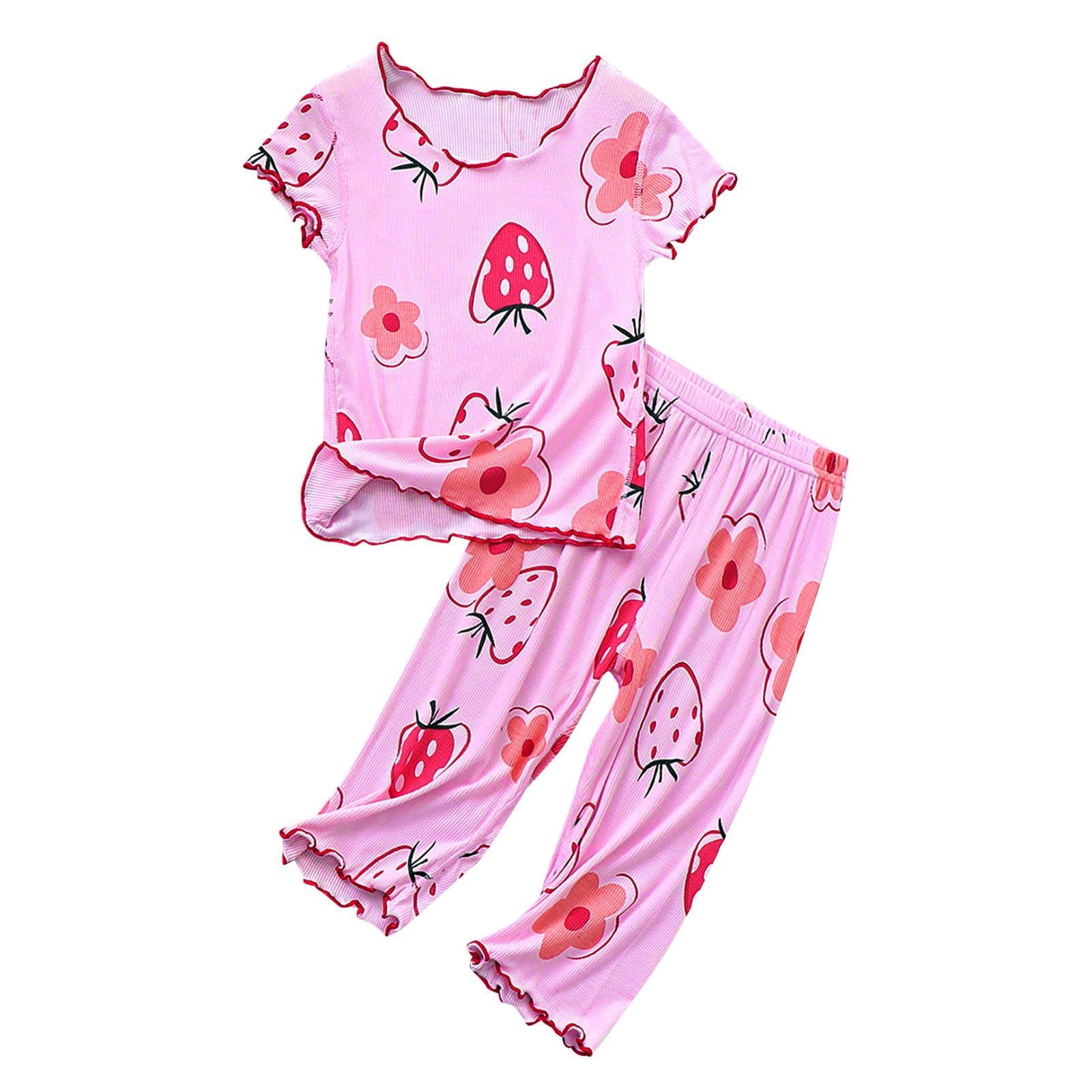QWIED Pajamas For Kids Girls Summer Thin Strawberry Pattern Wooden Ear ...