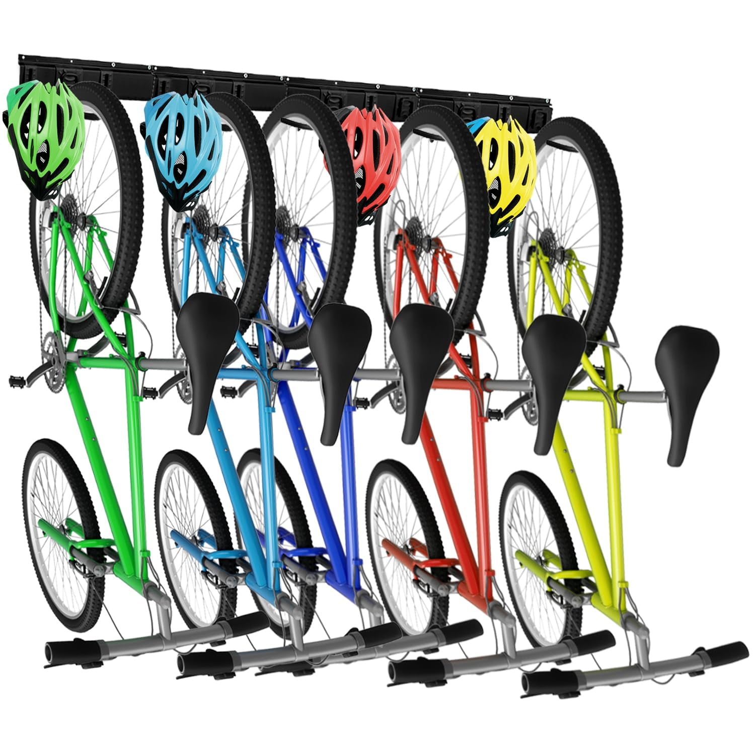 QWORK 64in Wall-Mount Bike Storage Rack - 6 Bike Rack System with 5 Helmet Hooks for Garage ...