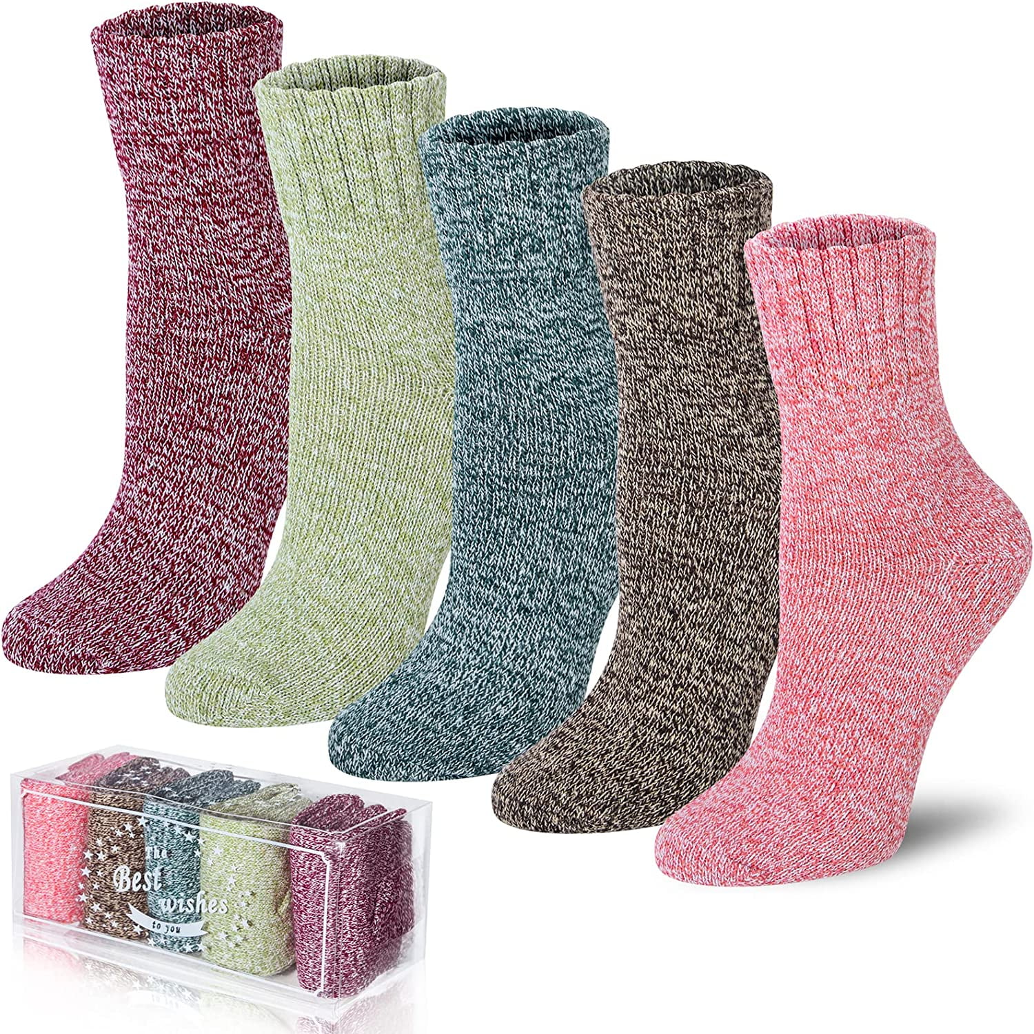 QWZNDZGR 5 Pairs Merino Wool Socks Winter Warm Thick Knit Casual Crew ...
