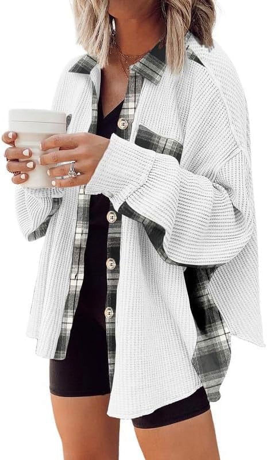 QWZNDZGR Womens Waffle Knit Plaid Shacket Boyfriend Button Down Shirt ...
