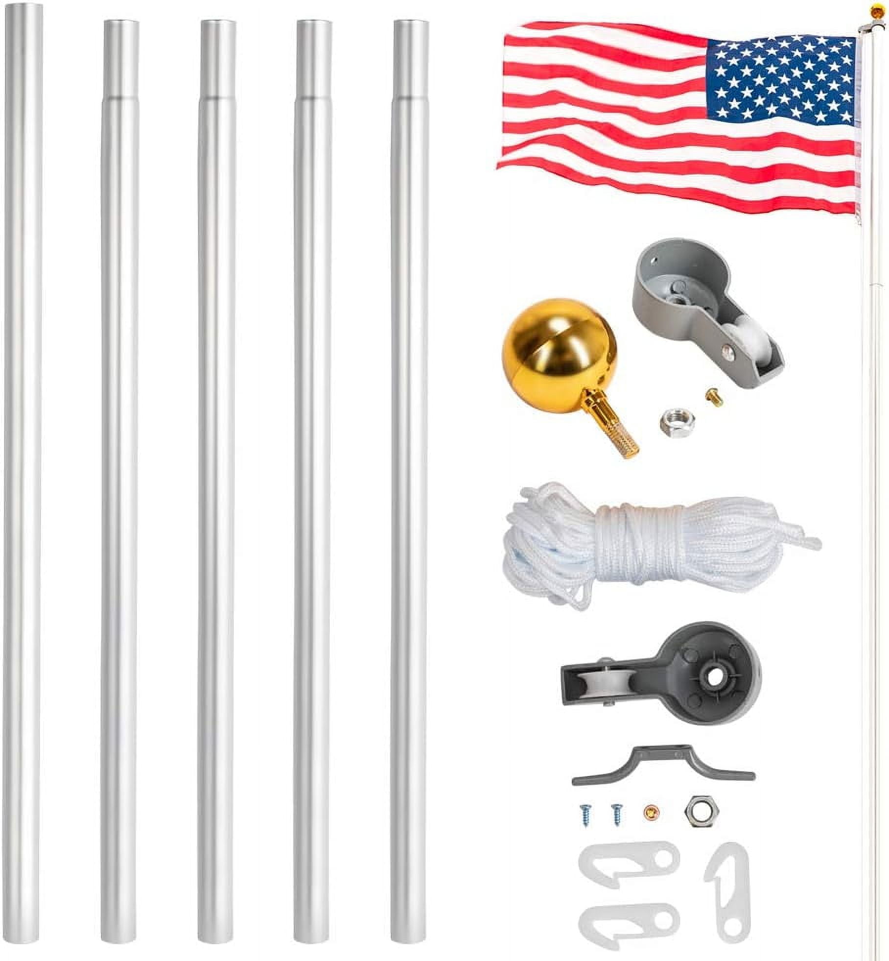 QXDRAGON 20ft Aluminum Flag Pole Kit, 2Pcs 3x5 USA Flag, Gold Ball Top ...