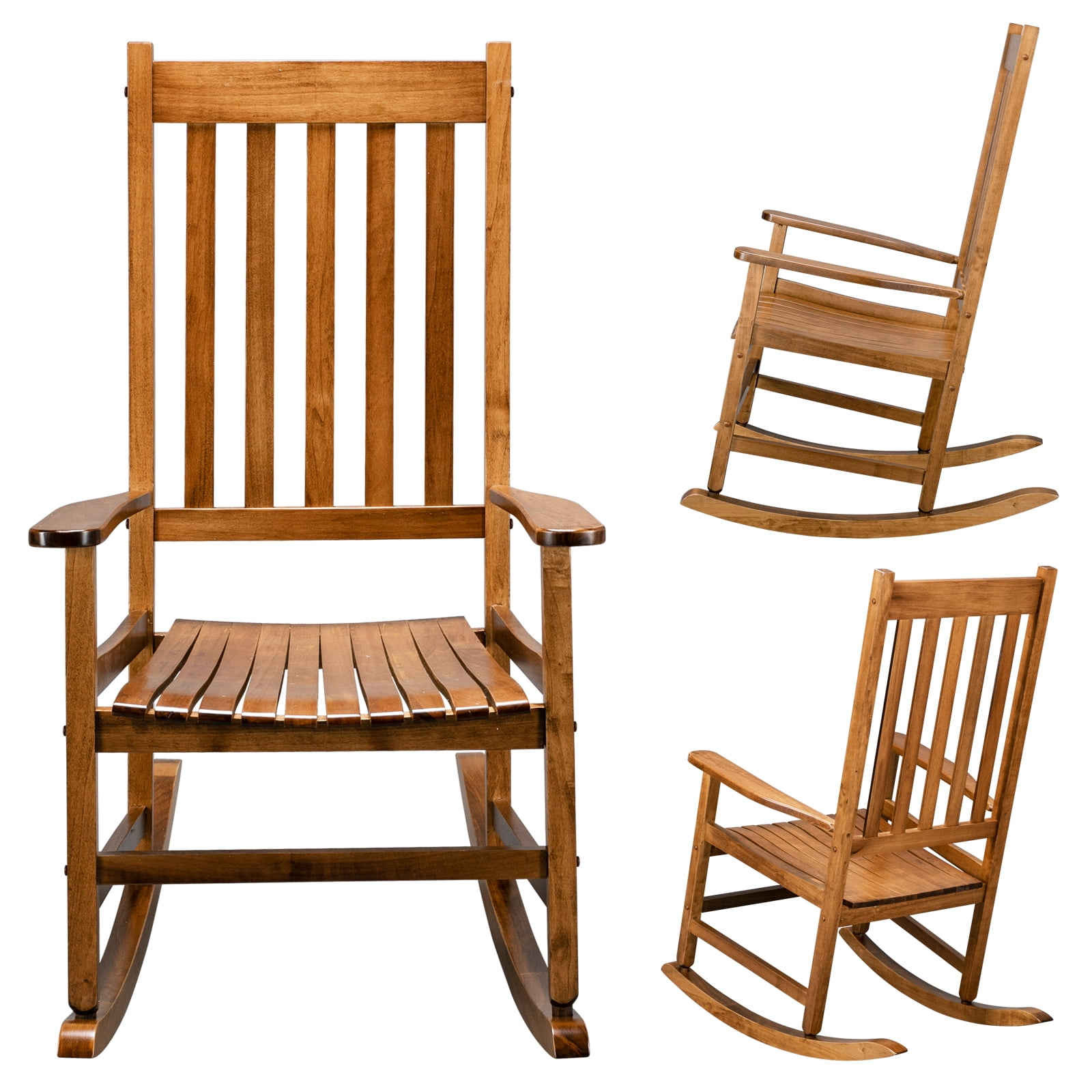 QXDRAGON Wood Rocking Chair, Outdoor Wooden Rocker with Backrest ...