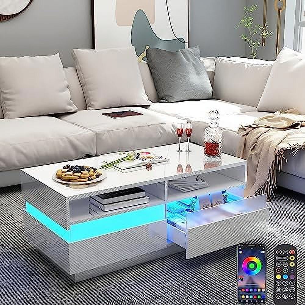 QYFZBIM Modern High Glossy LED Coffee Table w/ 2 Drawers Open Display 2 ...