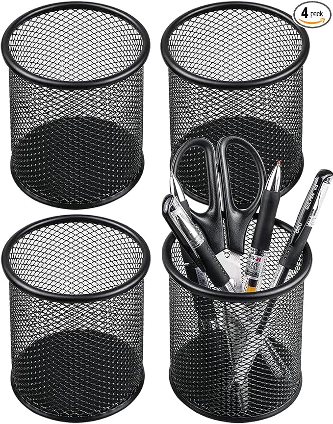 QYH Metal Pencil Holder for Desk Mesh Pen Cup 4 Packs Black Pen ...