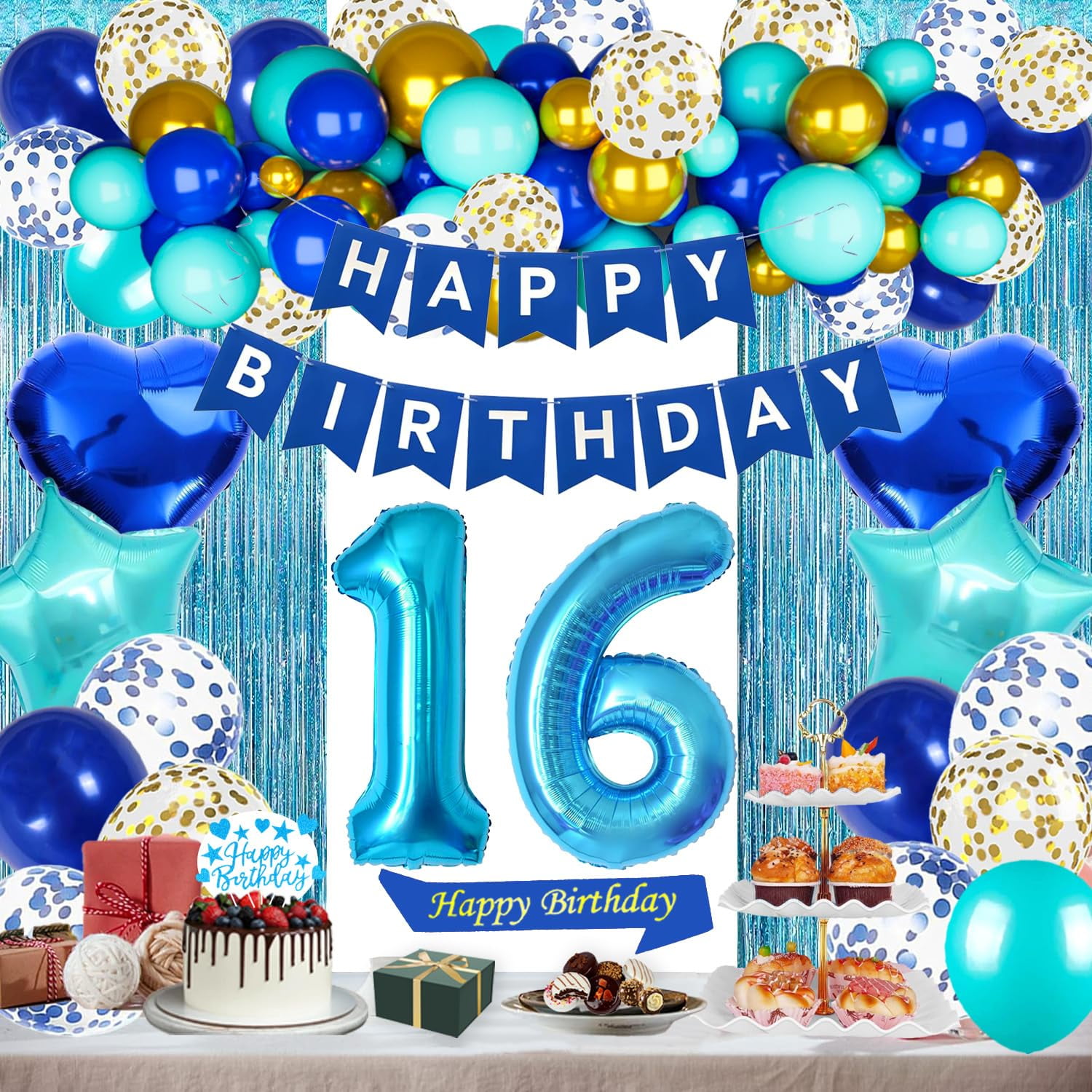 QYIMMIO 16th Birthday Decorations Blue Happy KKS1 Birthday Banner Cake ...