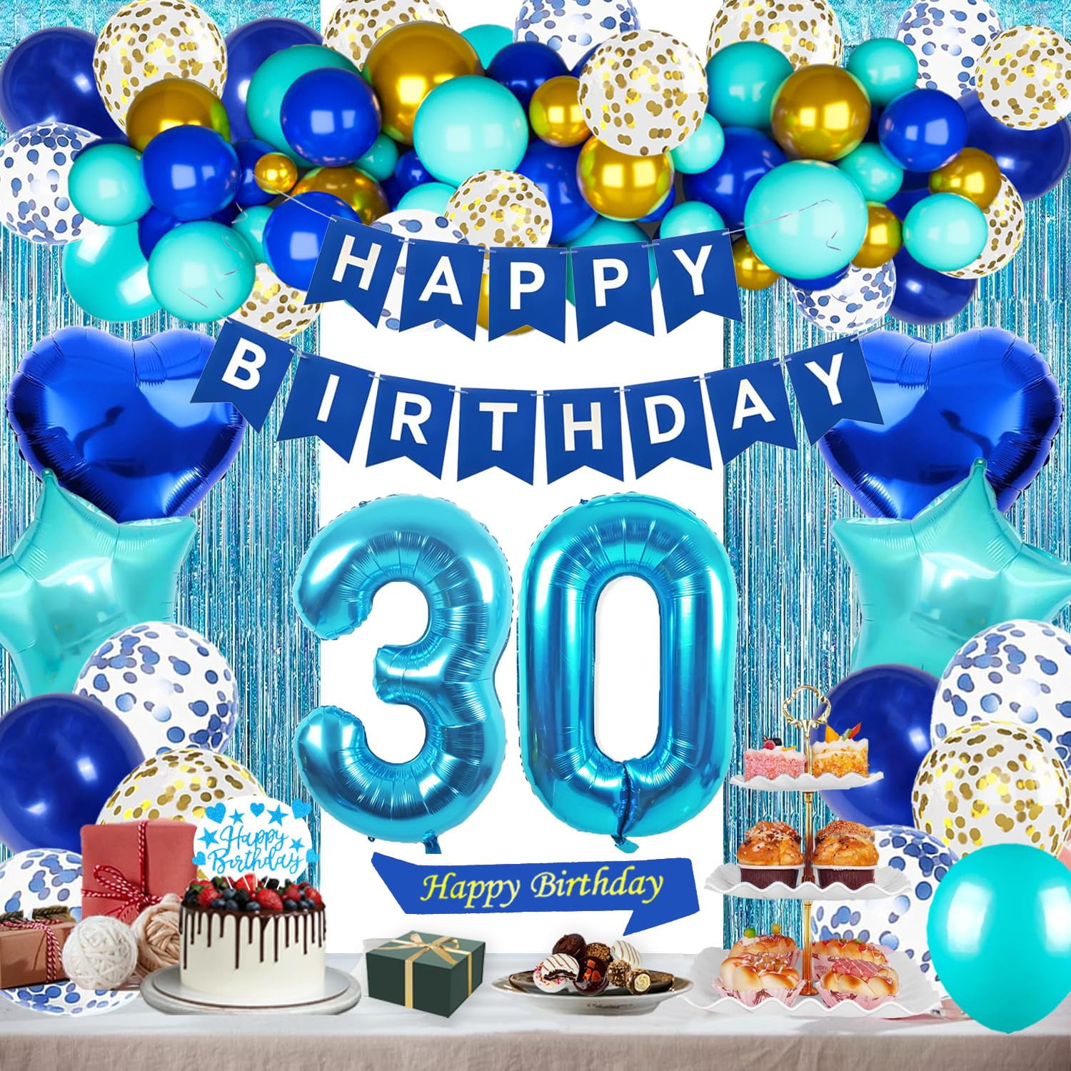 QYIMMIO 30th Birthday Decorations MMF7 Blue Happy Birthday Banner Cake ...