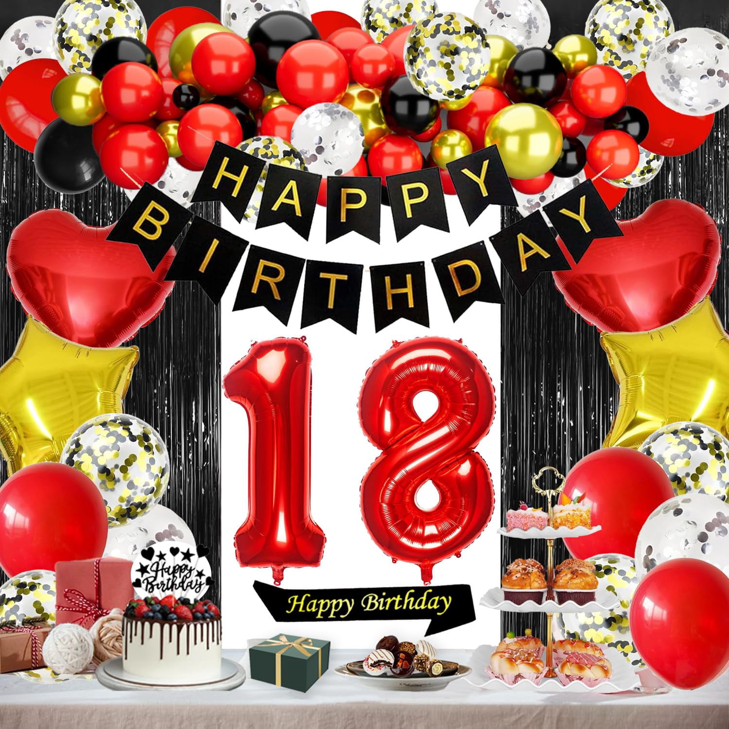 QYIMMIO Red 18th Birthday Decorations Happy AFN1Birthday Banner Cake ...