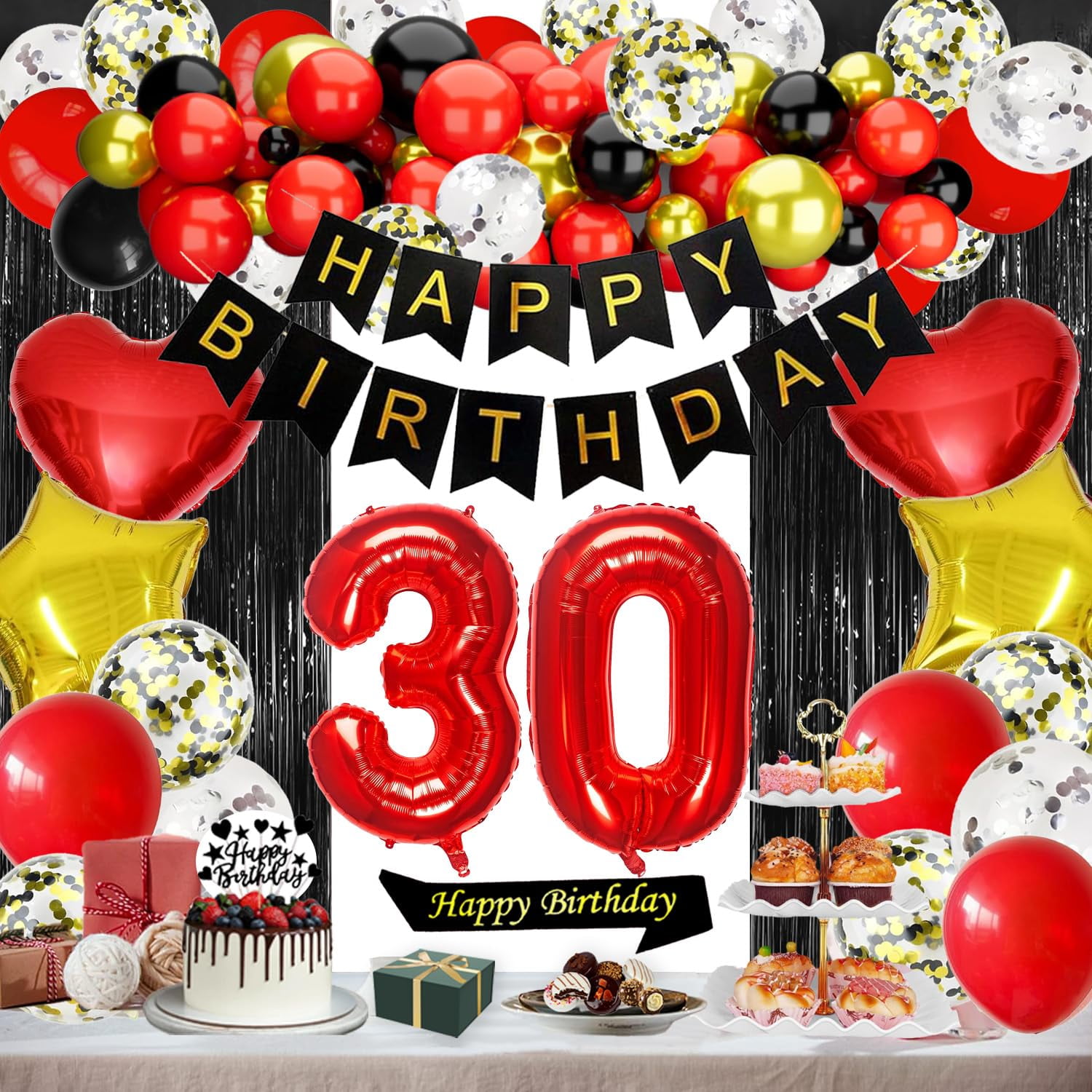 QYIMMIO Red 30th Birthday Decorations Happy Birthday Banner Cake Topper ...