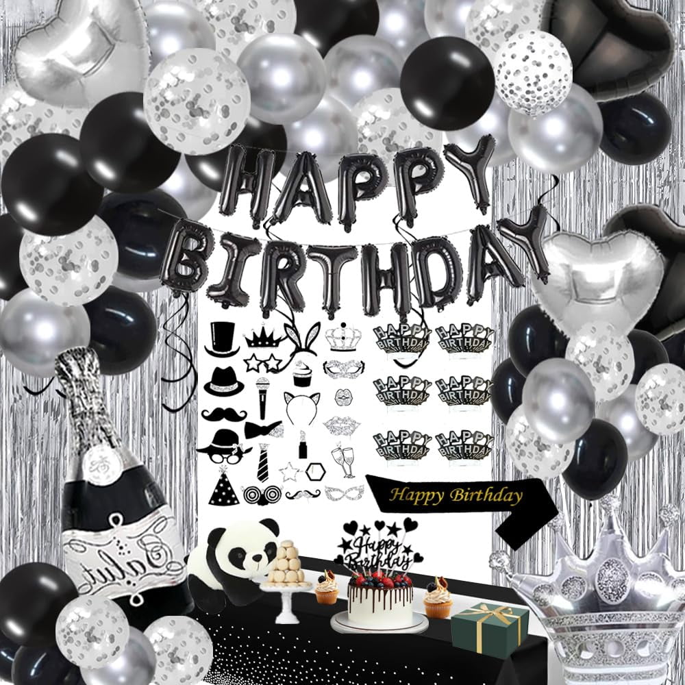 QYIMMIO Silver Birthday Decorations Kit Happy AFN1Birthday Banner Latex ...