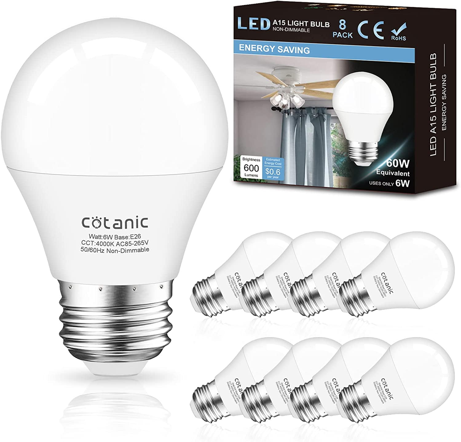 QYONG-8 Pack A15 Led Ceiling Fan Light Bulbs 4000K Natural Daylight, 6W ...
