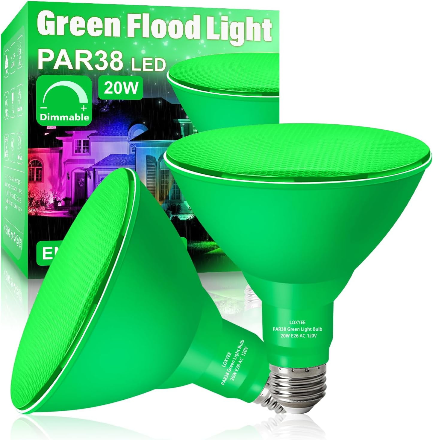 QYONG-Par38 Flood Green Light Bulb,2 Pack-Dimmable,E26 Base Green Flood ...