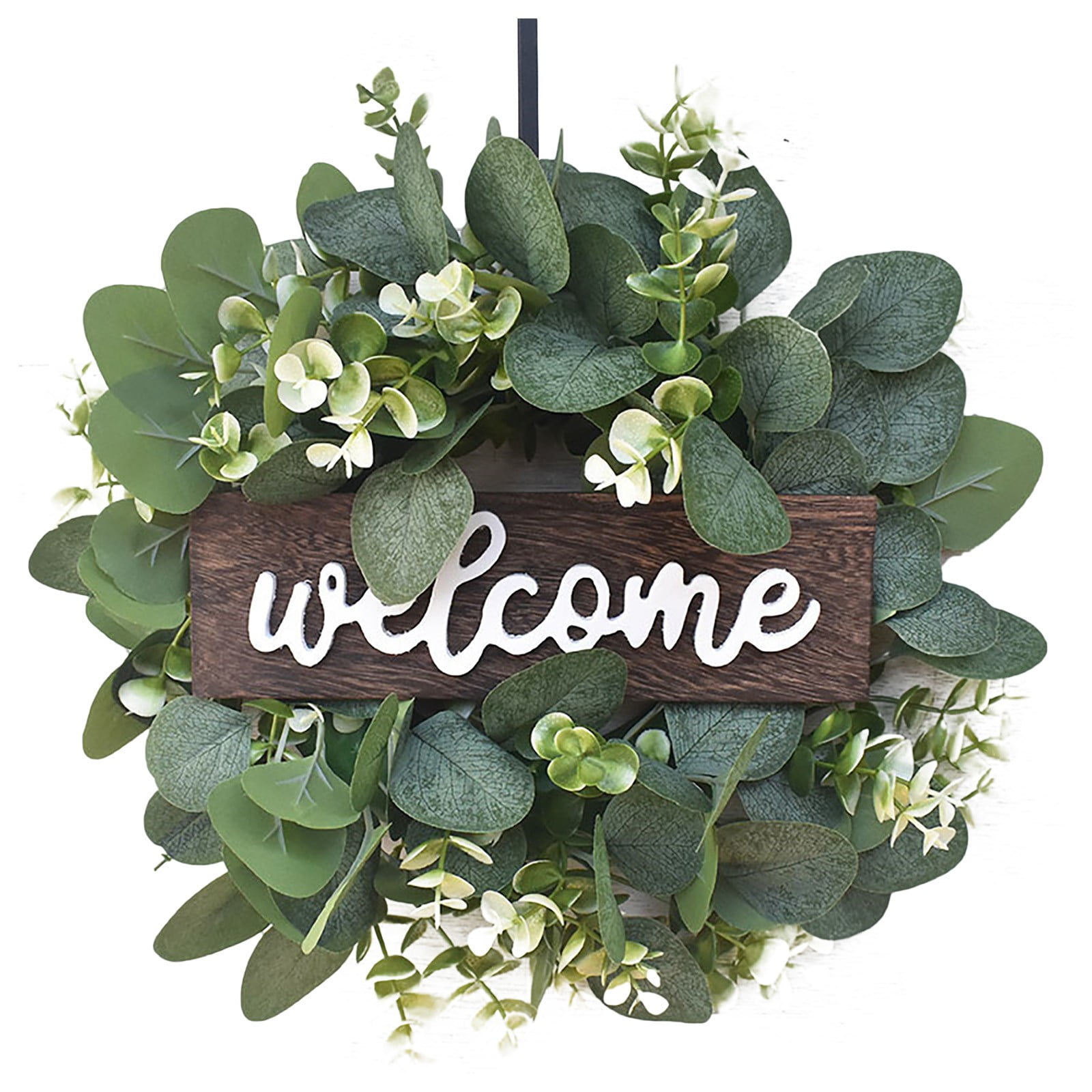 QYROS Handcrafted Artificial Eucalyptus Welcome Wreath for Front Door ...
