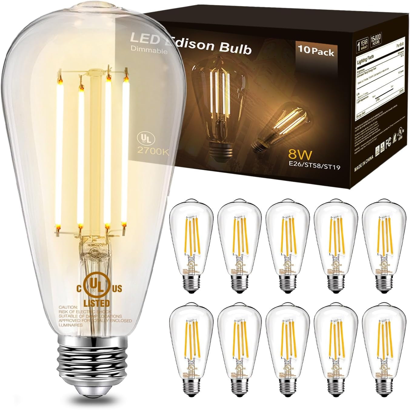 QYUN-10 Pack Vintage Led Edison Bulbs, E26 Dimmable Led Bulb, 60 Watt Equivalent, St58 Antique ...