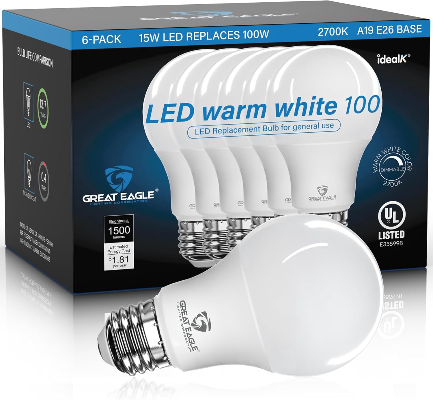 QYUN-100W Led Light Bulb Equivalent 1500 Lumens A19 Warm White 2700K ...
