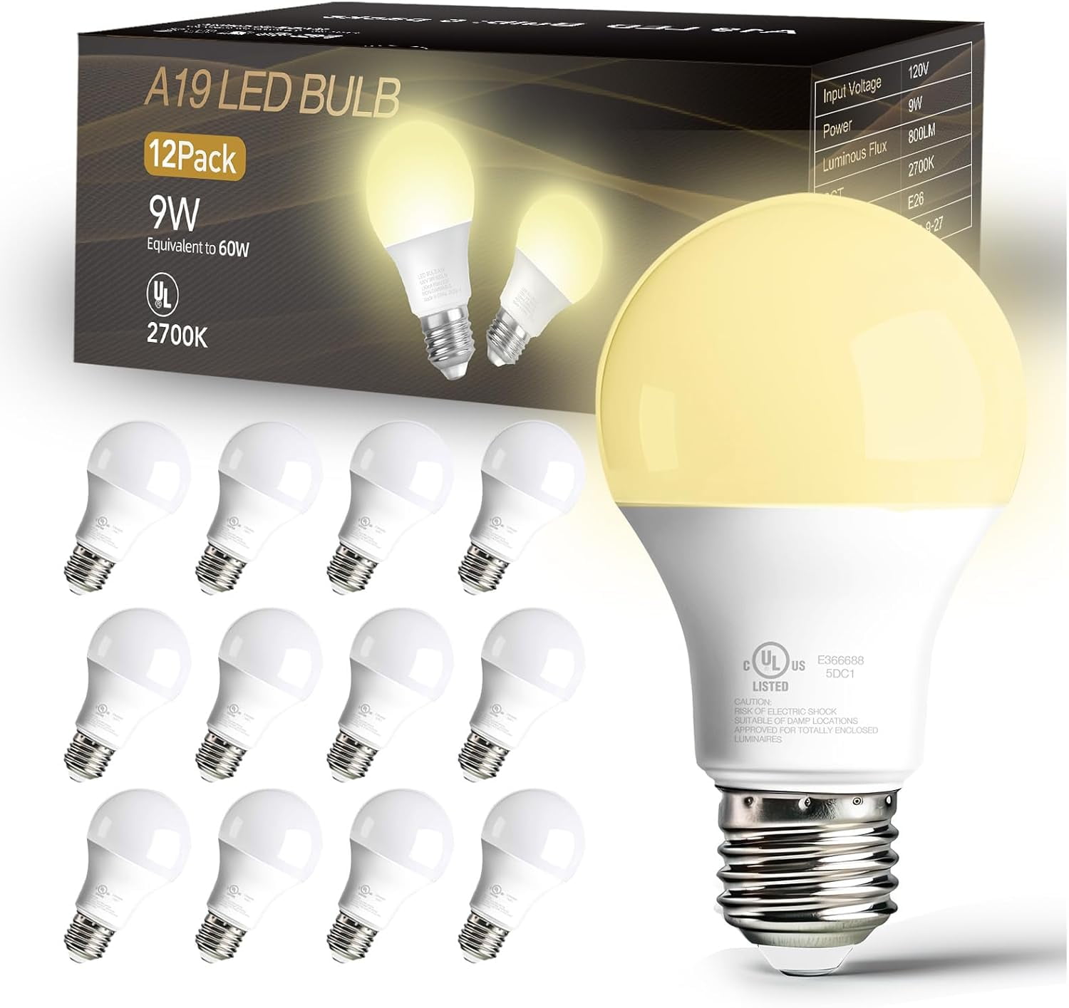 QYUN-12 Pack A19 Led Bulbs,9W Equivalent 60 Watts,E26 Base,Soft White 2700K, 800 Lm, Non ...