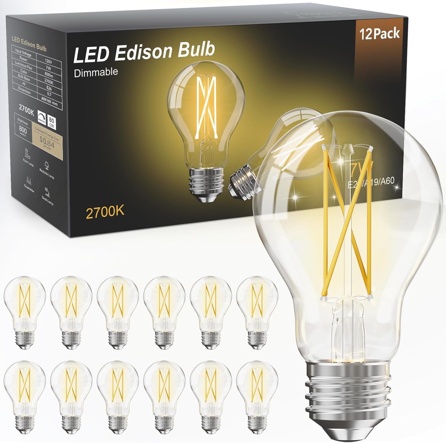 QYUN-12 Pack A19 Vintage Led Edison Bulbs, Dimmable, 60W Equivalent, High Brightness 2700K Warm ...