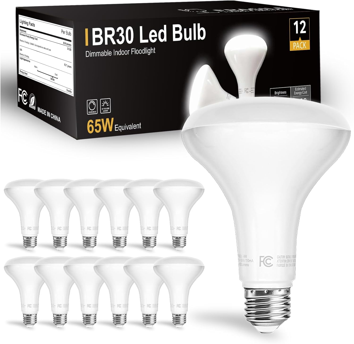 QYUN-12 Pack Br30 Led Bulbs 65W Equivalent, Dimmable Indoor Flood Lights 5000K Daylight White ...