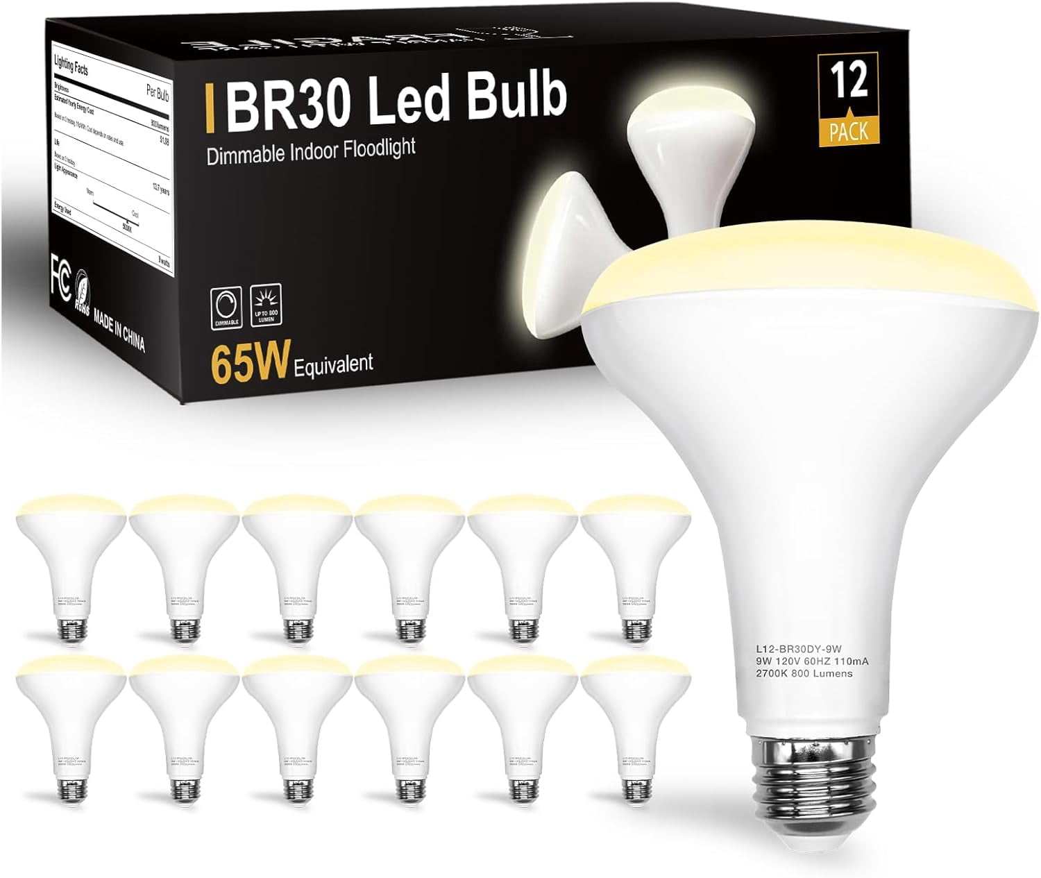 QYUN-12Pack Br30 Led Recessed Light Bulb Equivalent 65W, Dimmable ...