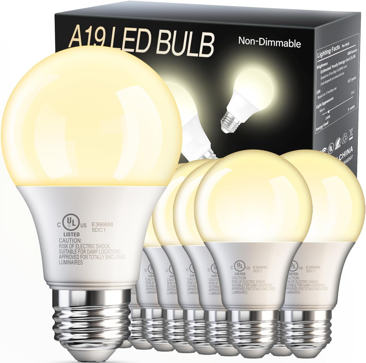 QYUN-24 Pack A19 Led Light Bulbs, 3000K, 9W(60W Equivalent), 800 Lumens ...